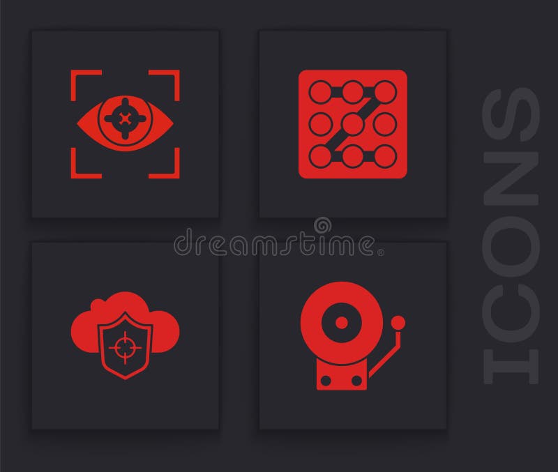 Set Ringing Alarm Bell Eye Scan Graphic Password Protection and Cloud ...