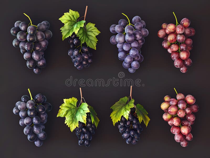 Set of Ripe Grapes with Leaves in High Resolution Stock Illustration ...