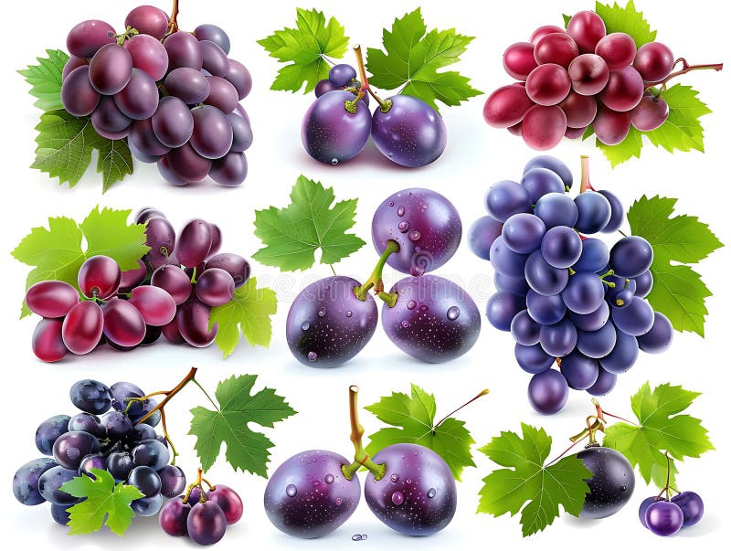 Set of Ripe Grapes with Leaves in High Resolution Stock Illustration ...