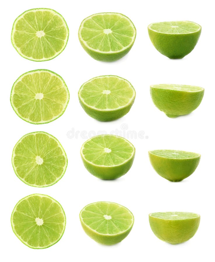 Set of Ripe Lime Cuts in Half Isolated Over the White Background, Three ...