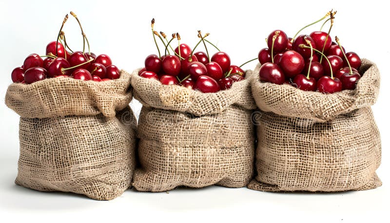 Set of Ripe Red Cherries in Burlap Sacks on White Stock Illustration ...
