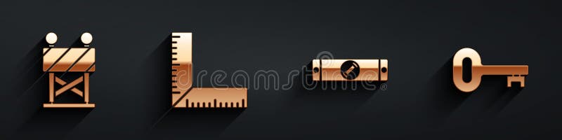 Set Road Barrier, Corner Ruler, Construction Bubble Level and Old Key ...