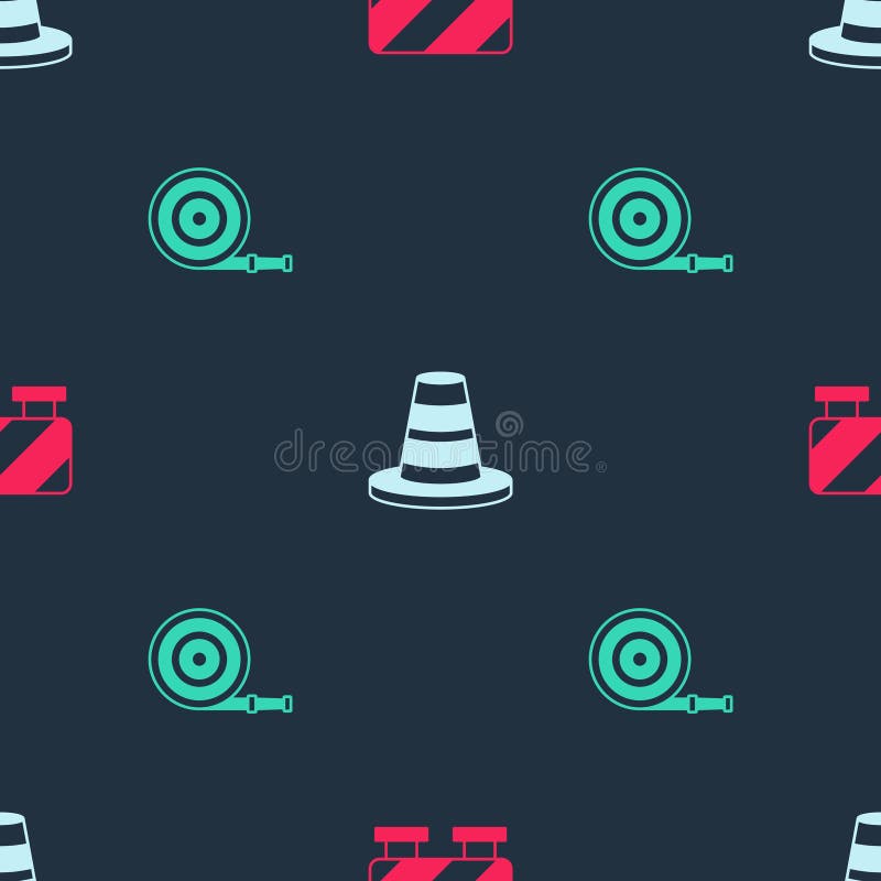 Set Road Barrier, Traffic Cone and Fire Hose Reel on Seamless Pattern ...
