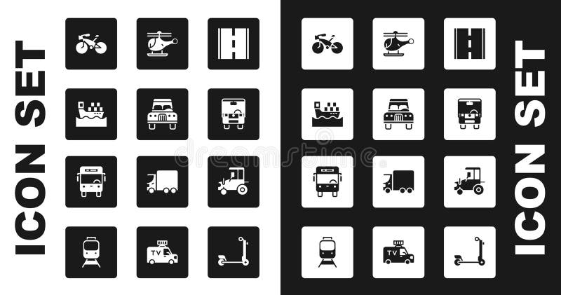 Set Road, Car, Cargo Ship with Boxes, Bicycle, Bus, Helicopter, Tractor ...