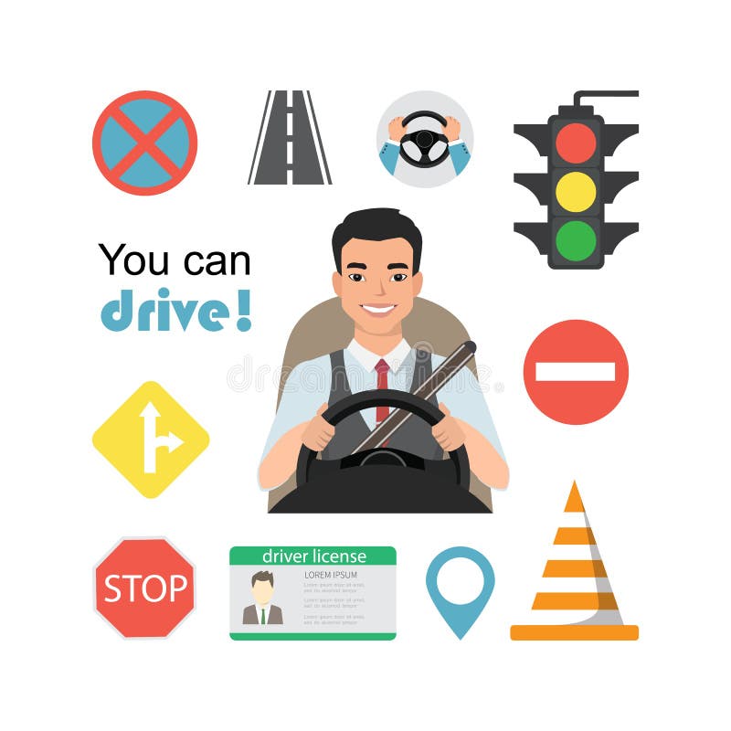 Set of Road Symbols and Asian Man Driver Character Stock Vector ...