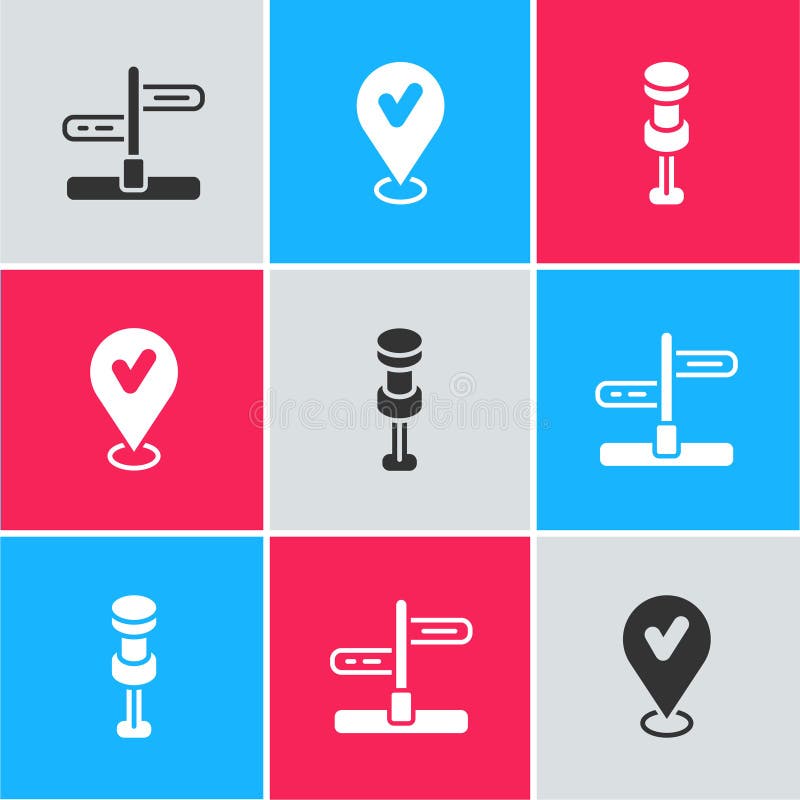 Set Road Traffic Sign, Location with Check Mark and Push Pin Icon ...