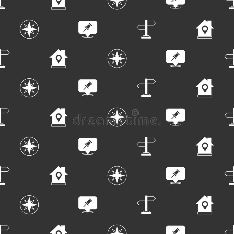 Set Road Traffic Sign, Location with House, Wind Rose and Push Pin on ...