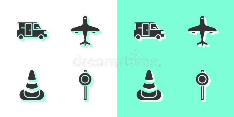 Set Road Traffic Signpost, Minibus, Traffic Cone and Plane Icon. Vector ...
