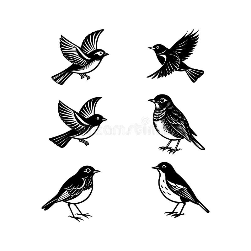 A Set of Robin Bird Silhouettes, Black and White Shape Stock Vector ...