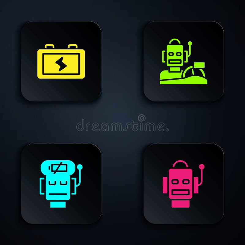 Set Robot, Battery, Low Battery Charge and Humanoid Driving Car. Black ...