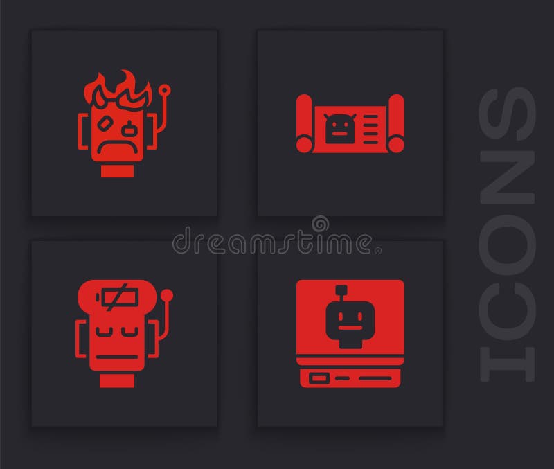 Set Robot Burned Out, Humanoid Robot, Mechanical Hand and Low Battery ...