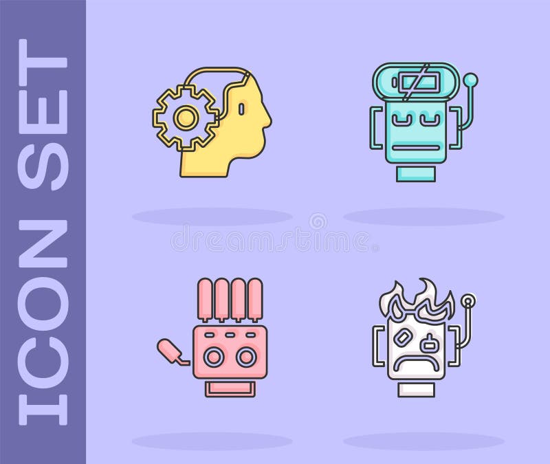 Set Robot Burned Out, Humanoid Robot, Mechanical Hand and Low Battery ...