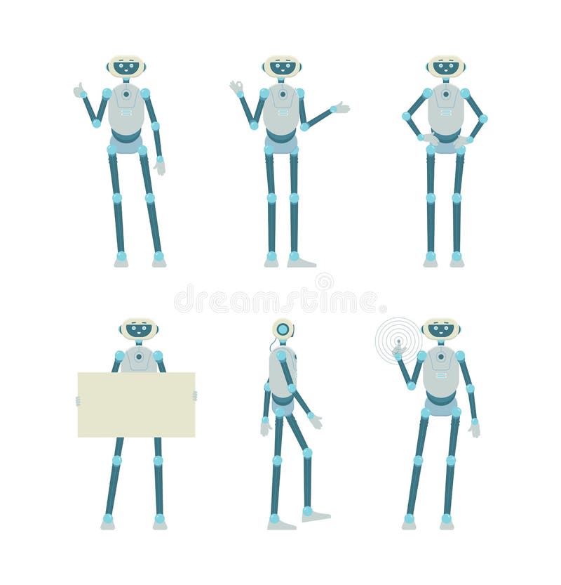 Set of Robot Characters in Interactive Poses Flat Vector Illustration ...
