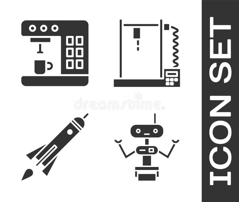 Set Robot, Coffee Machine, Rocket Ship with Fire and 3D Printer Icon ...