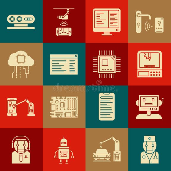 Set Robot Doctor, 3D Printer, Computer Monitor Screen, Software, Web Developer Programming Code ...