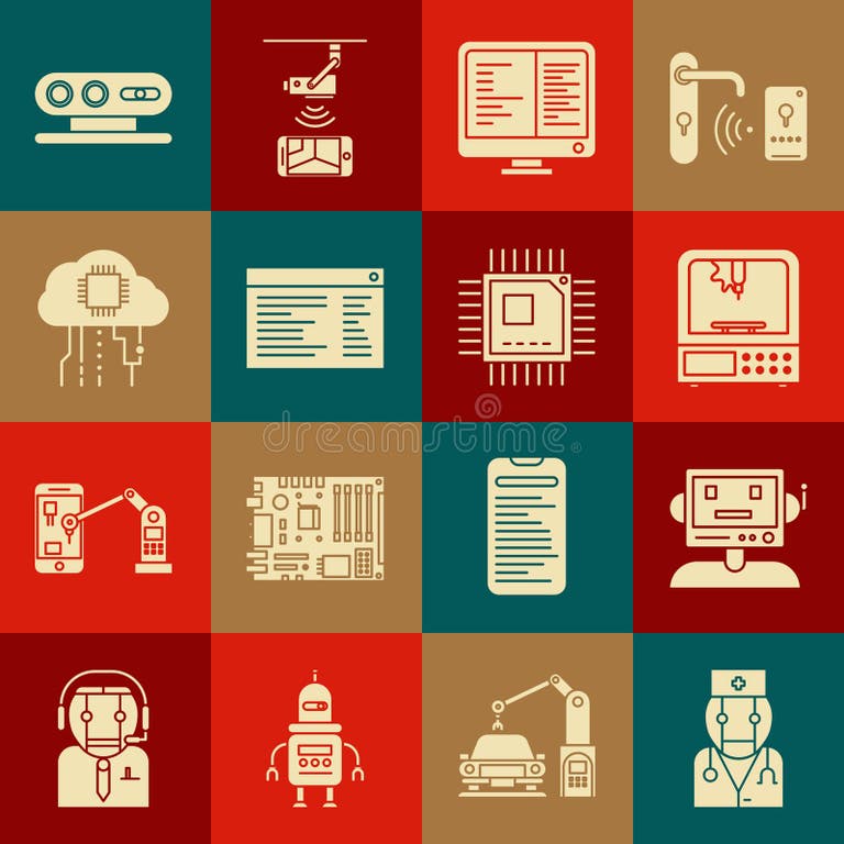 Set Robot Doctor, 3D Printer, Computer Monitor Screen, Software, Web Developer Programming Code ...