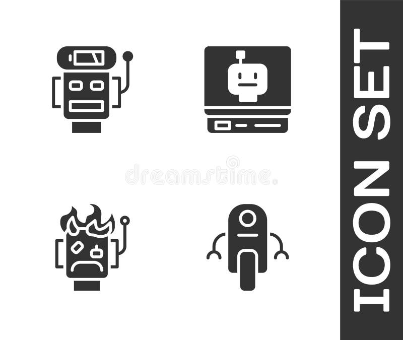 Set Robot, Low Battery Charge, Burned Out and Icon. Vector Stock Vector ...