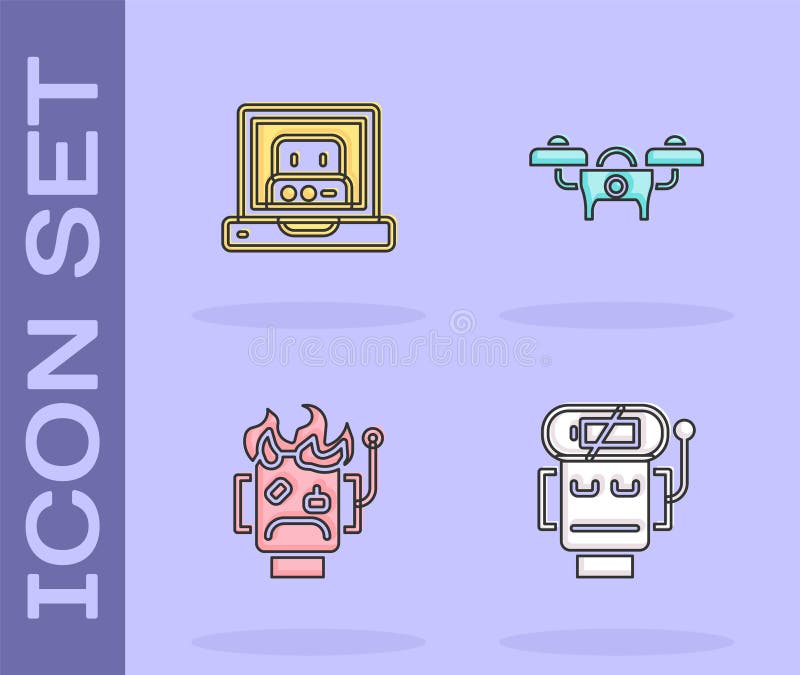 Set Robot Low Battery Charge, Creating Robot, Burned Out and Drone Icon ... Set Robot Low Battery Charge, Creating Robot, Burned Out and Drone Icon ...