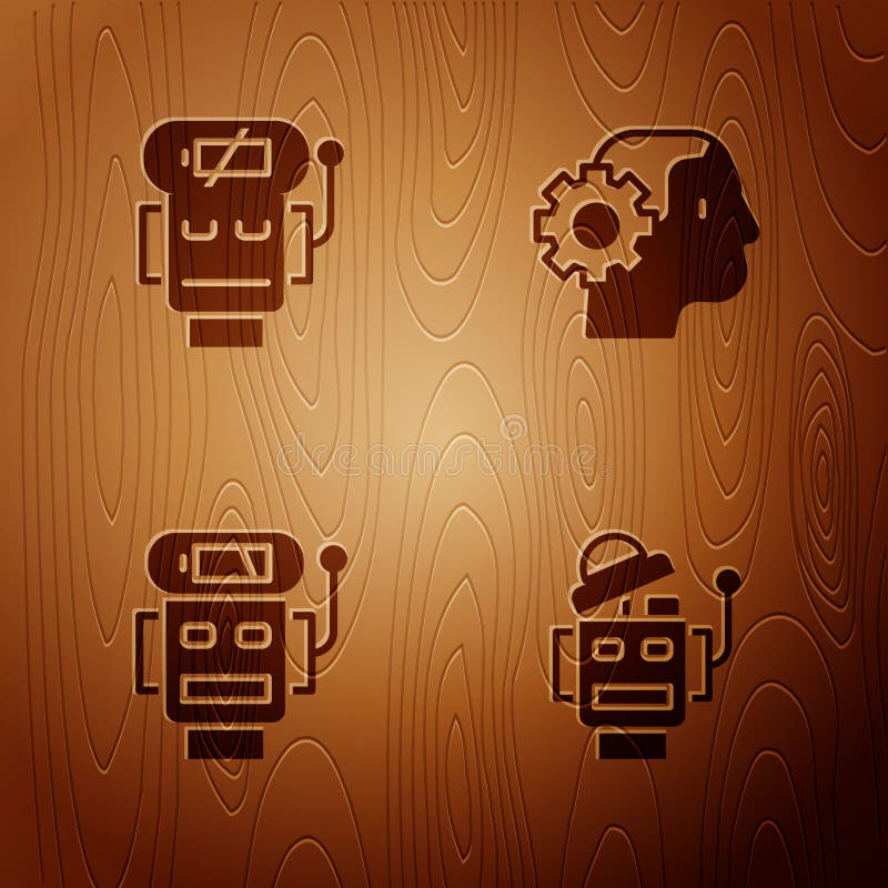 Set Robot, Low Battery Charge, and Humanoid Robot on Wooden Background ...