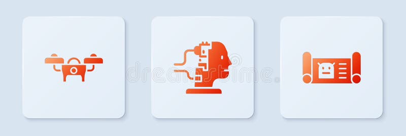Set Robot for Maintenance, Drone and Blueprint. White Square Button ... Set Robot for Maintenance, Drone and Blueprint. White Square Button ...
