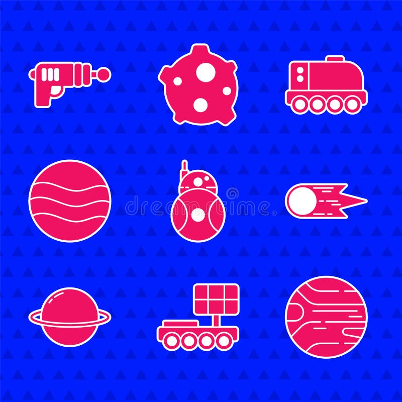 Set Robot, Mars Rover, Planet, Comet Falling Down Fast, Saturn, and Ray Gun Icon. Vector Stock ...