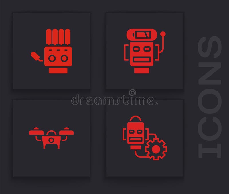 Set Robot Setting, Mechanical Robot Hand, Low Battery Charge and Drone ...