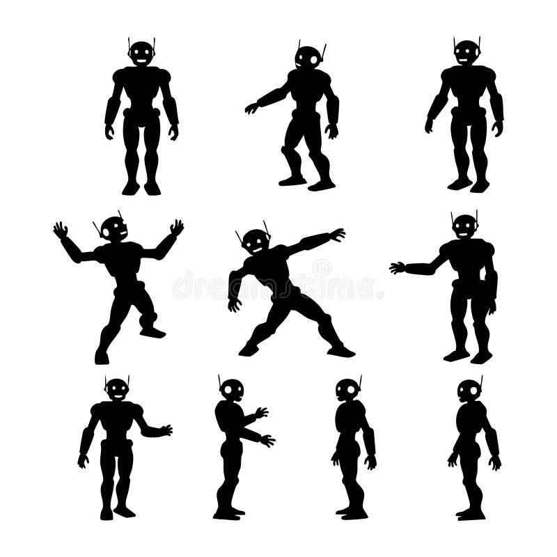Set of Robot Silhouette on White Background Stock Illustration ...