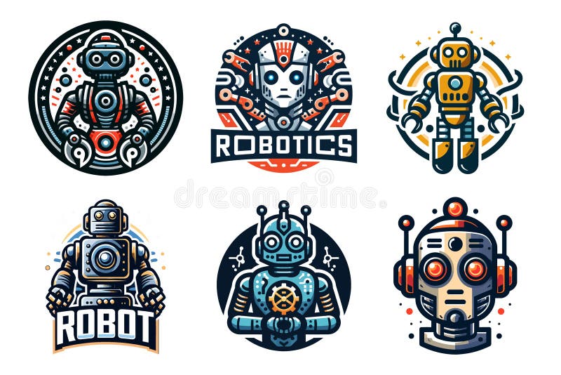"Set of 6 Robotics Logo Vector Illustrations in Colorful Sticker Style ...