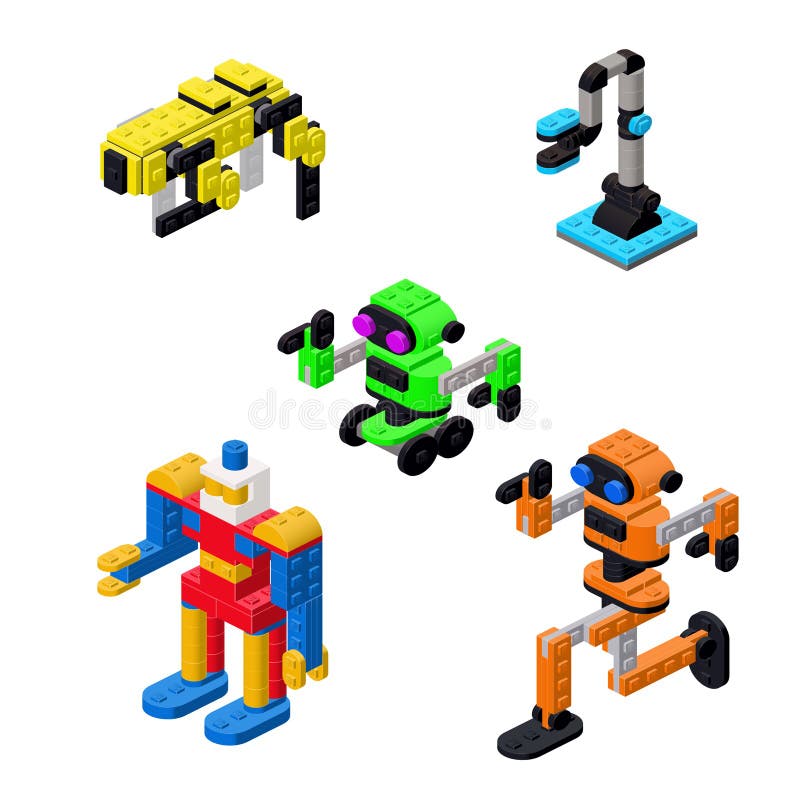 Set of Robots Assembled from Plastic Blocks in Isometric Style for ...
