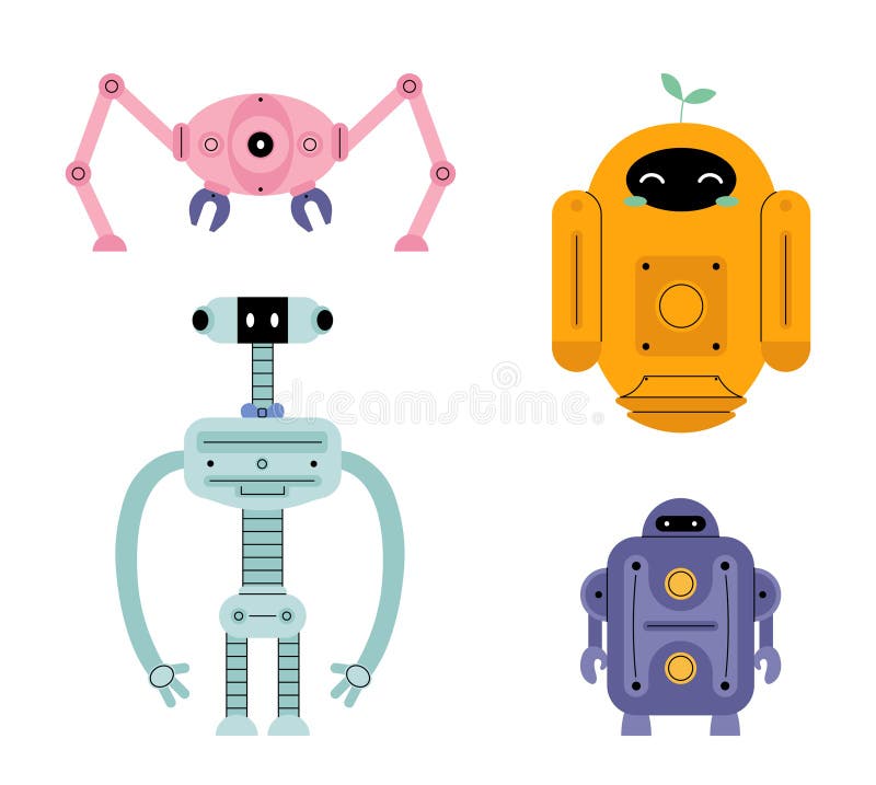 Set of Robots. Set of Bots of Different Shapes. Artificial Intelligence and Machine Learning ...