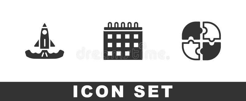 Set Rocket Calendar and Piece of Puzzle Icon. Vector Ilustración del ...
