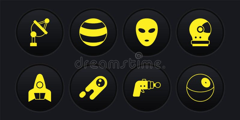 Set Rocket Ship, Astronaut Helmet, Comet Falling Down Fast, Ray Gun ...