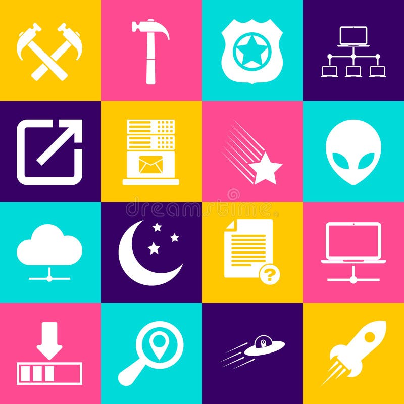 Set Rocket Ship with Fire, Computer Network, Alien, Police Badge, Mail ...