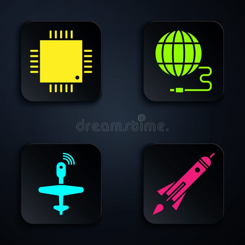 Set Rocket Ship with Fire, Processor with Microcircuits CPU, UAV Drone ...