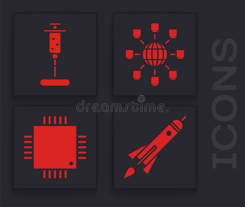 Set Rocket Ship with Fire, Syringe, Social Network and Processor with ... Set Rocket Ship with Fire, Syringe, Social Network and Processor with ...
