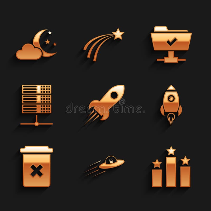 Set Rocket Ship with Fire, UFO Flying Spaceship and Alien, Ranking Star ...