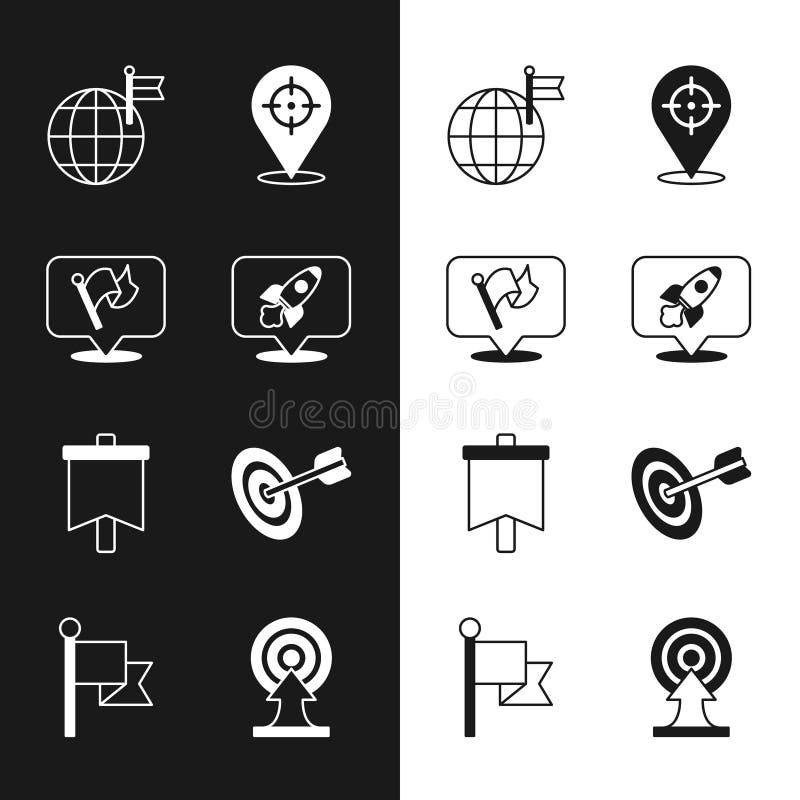 Set Rocket Ship, Flag, Planet with Flag, Target, Arrow and Icon. Vector ...