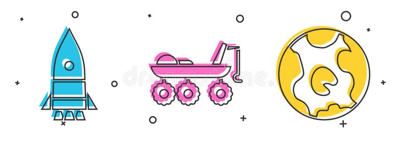 Set Rocket Ship, Mars Rover and Earth Globe Icon. Vector Stock Vector ...