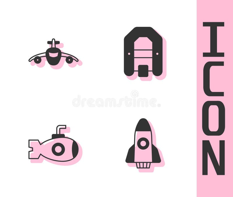 Set Rocket Ship, Plane, Submarine and Rafting Boat Icon. Vector Stock ...