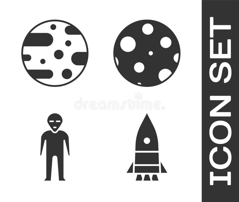 Set Rocket Ship, Planet Mars, Alien and Moon Icon. Vector Stock Vector ...