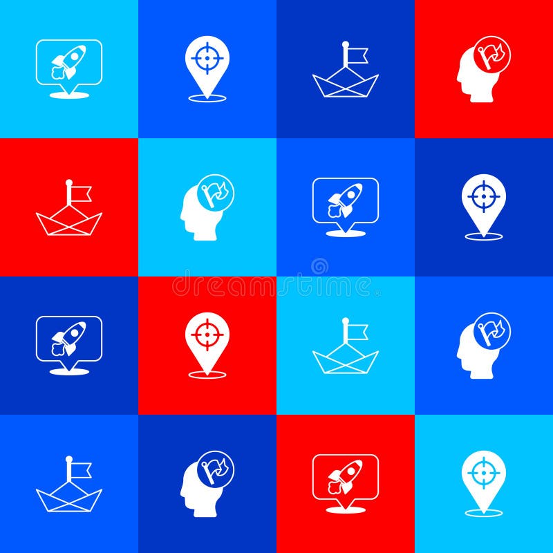 Set Rocket Ship, Target, Folded Paper Boat and Hand Holding Flag Icon ...