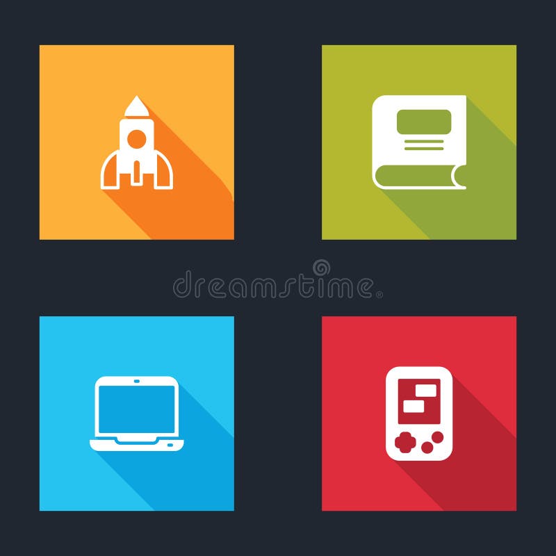 Set Rocket Ship Toy, Book, Laptop and Tetris Electronic Game Icon ... Set Rocket Ship Toy, Book, Laptop and Tetris Electronic Game Icon ...