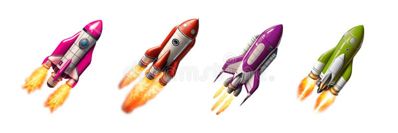 4 Rocket Ships Set - Launching into Space Isolated on Transparent ...