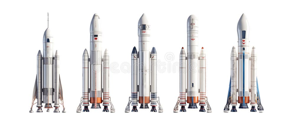 Set of Rockets in Five Different Front View Poses on Transparent ...