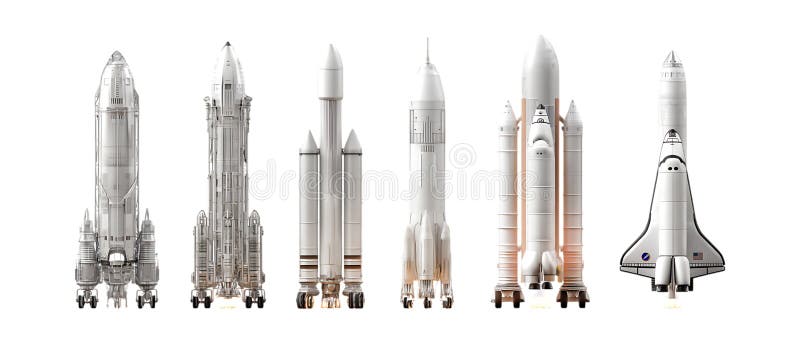 Set of Rockets in Five Different Front View Poses on Transparent ...