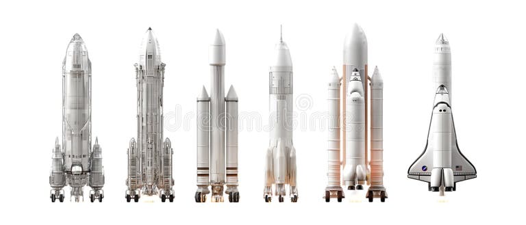 Set of Rockets in Five Different Front View Poses on Transparent ...