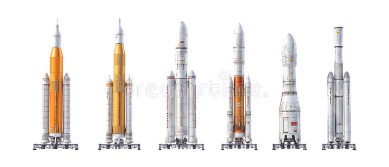 Set of Rockets in Five Different Front View Poses on Transparent ...