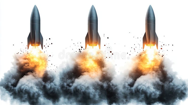 Set of Rockets Launching with Fire and Smoke, on White Background Stock ...