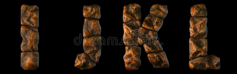 Set of Rocky Letters I, J, K, L. Font of Stone on Black Background ...