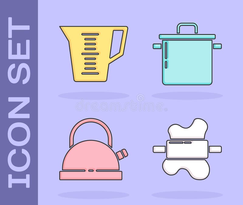 Set Rolling Pin on Dough, Measuring Cup, Kettle with Handle and Cooking ...